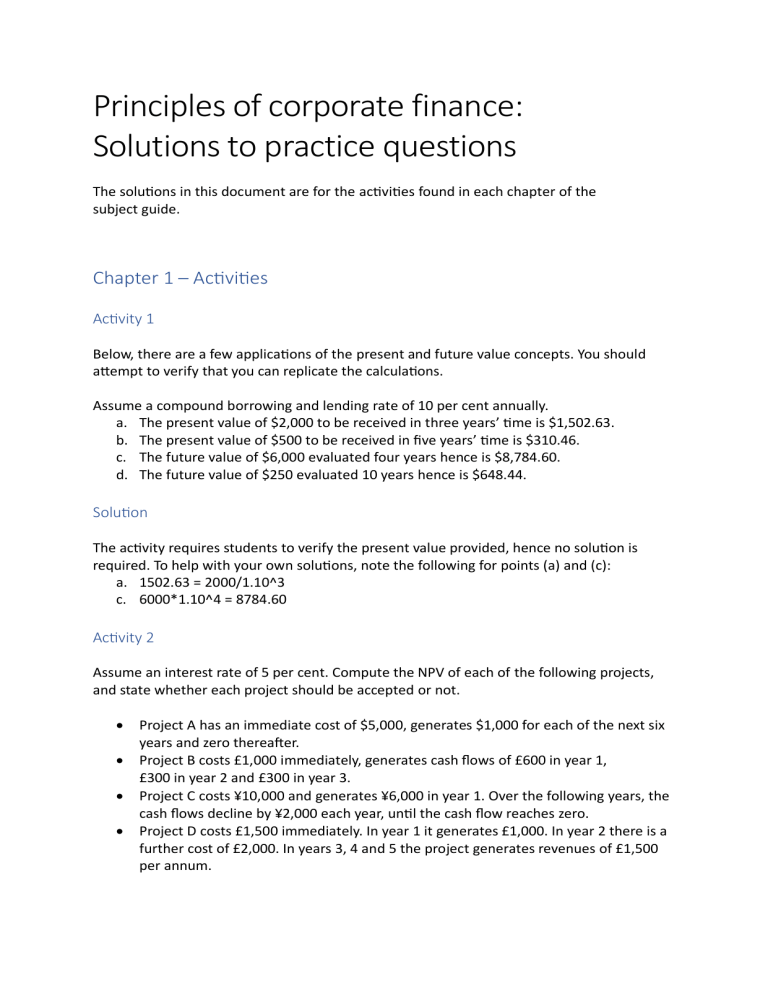 Corporate Finance Practice Questions Solutions - Chapter 1 & 2