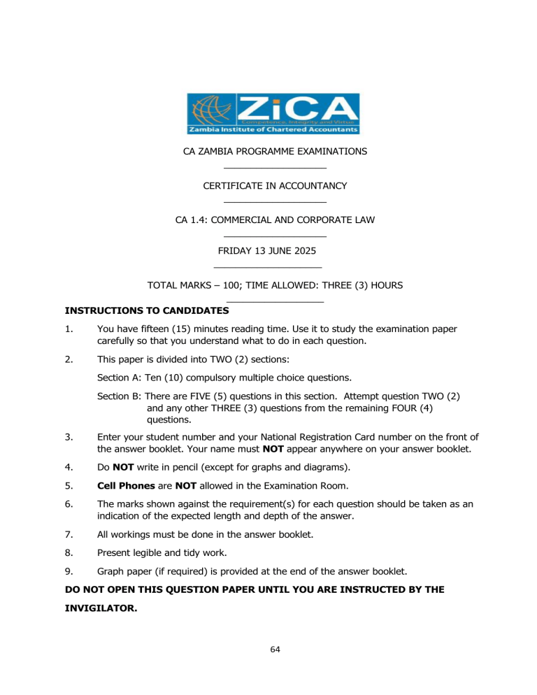 CA 1.4 Commercial & Corporate Law Exam Paper - June 2025 (ZICA)