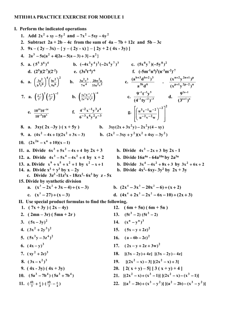 Practice Items for Algebraic Expressions