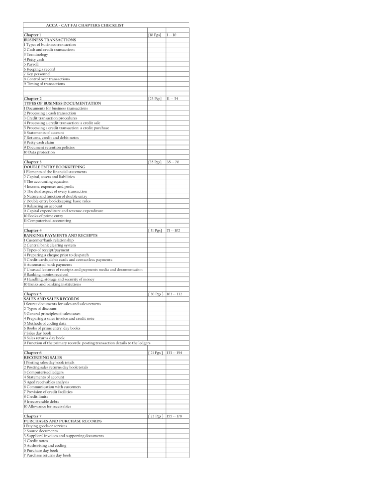 ACCA CAT FA1 Chapters Checklist: Business & Financial Accounting