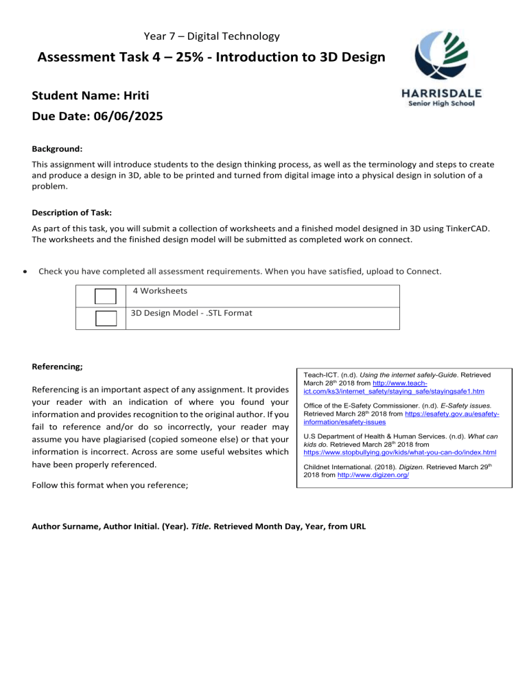 Year 7 Digital Technology: Introduction to 3D Design Assessment Task