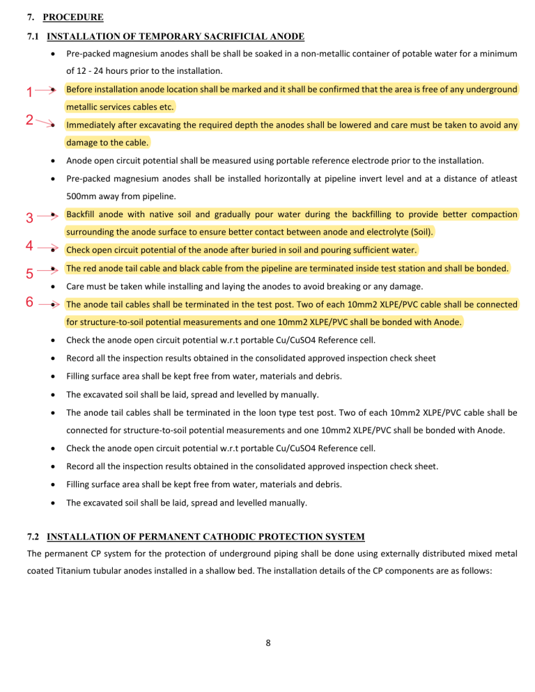 Cathodic Protection System Installation Procedure: Sacrificial Anodes