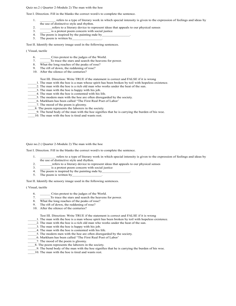 The Man with the Hoe Quiz: Literature Assessment (Quarter 2, Module 2)