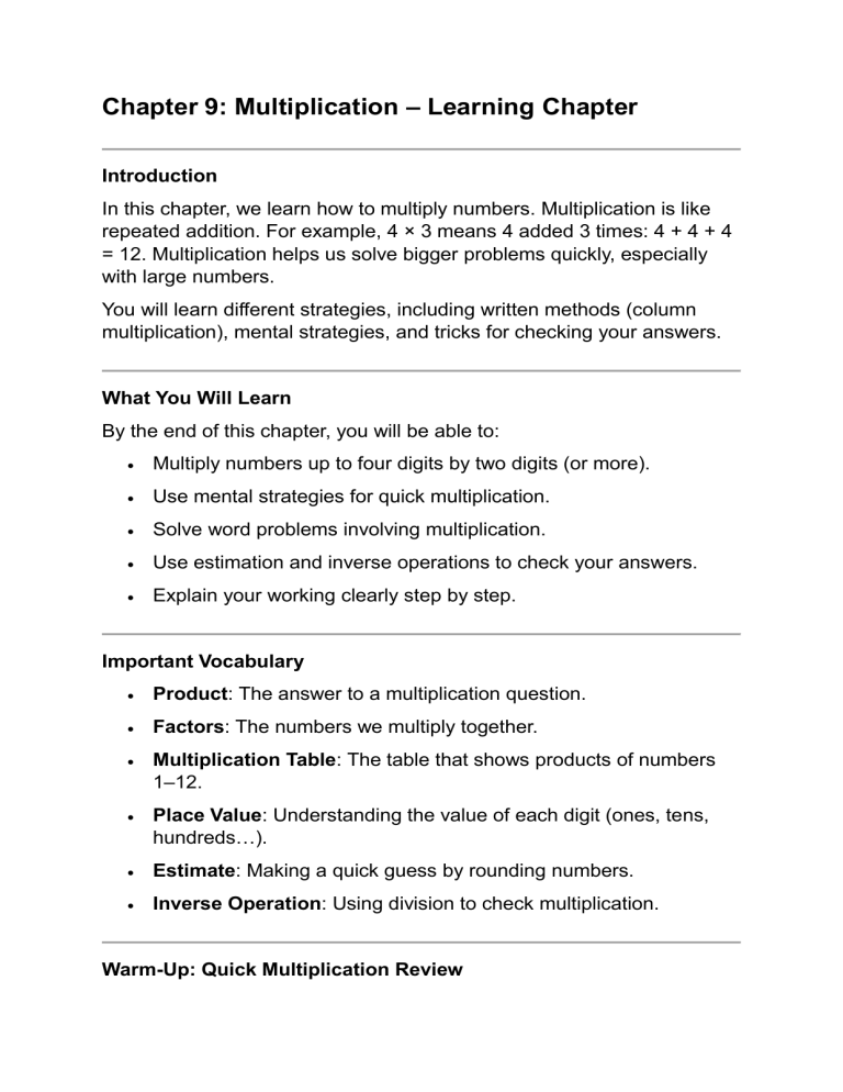 Multiplication Learning Chapter: Strategies, Word Problems & Answers