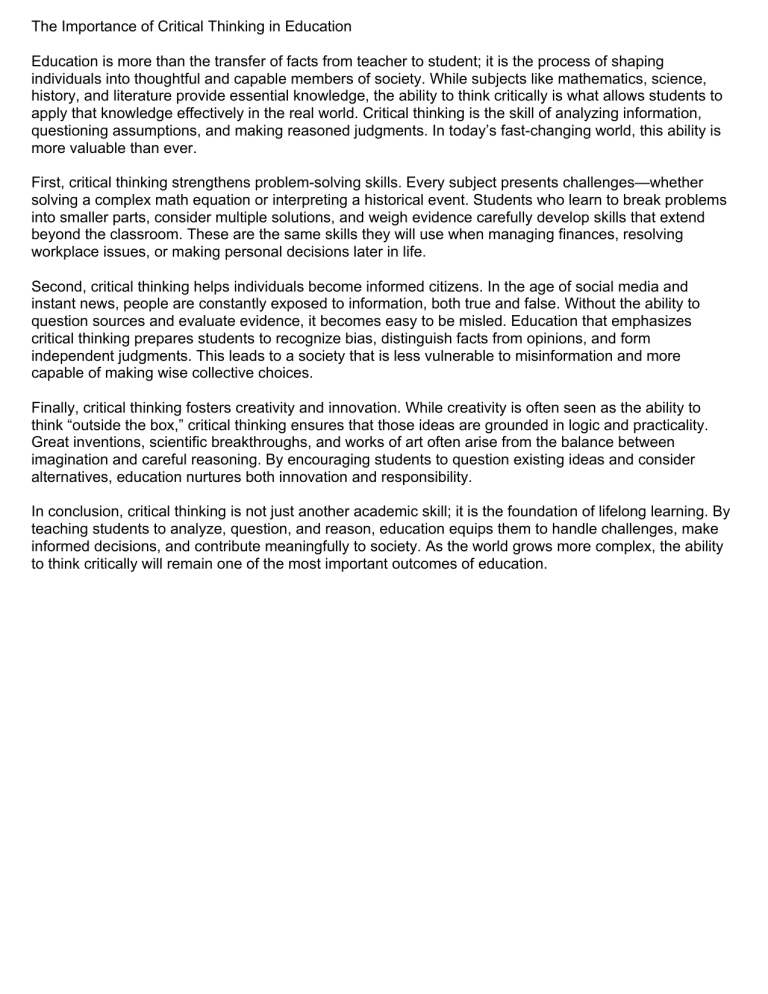 The Importance of Critical Thinking in Education: Skills for Life