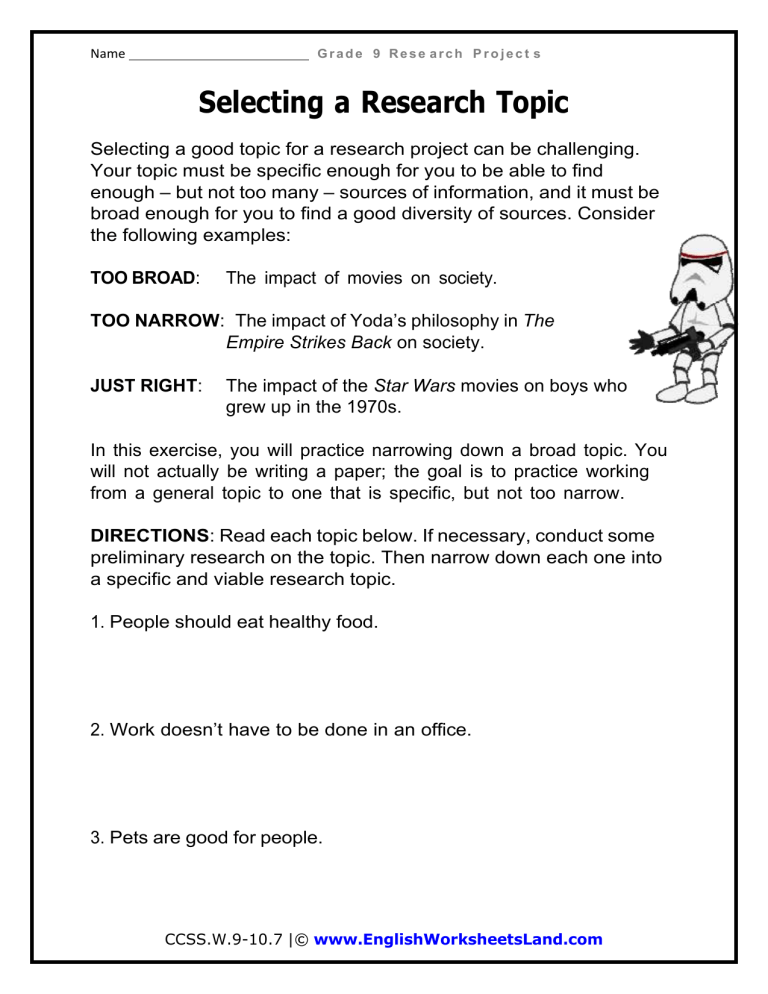 Grade 9 Research Projects: Selecting & Narrowing a Research Topic