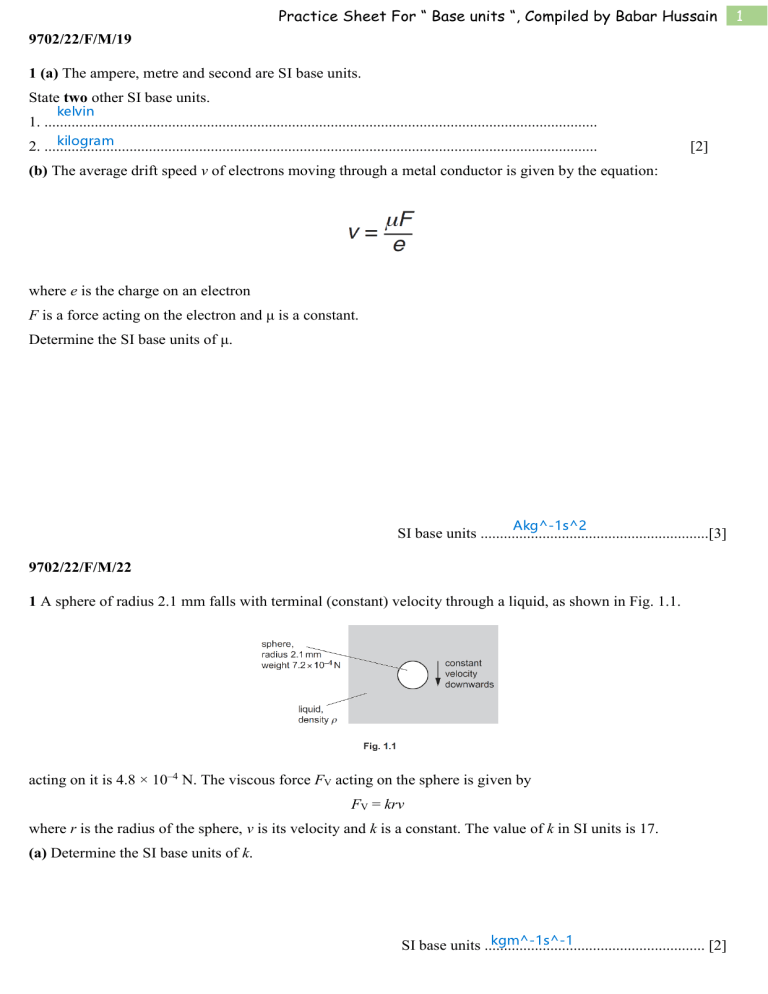 Physics SI Base Units Practice Sheet | Dimensional Analysis Problems