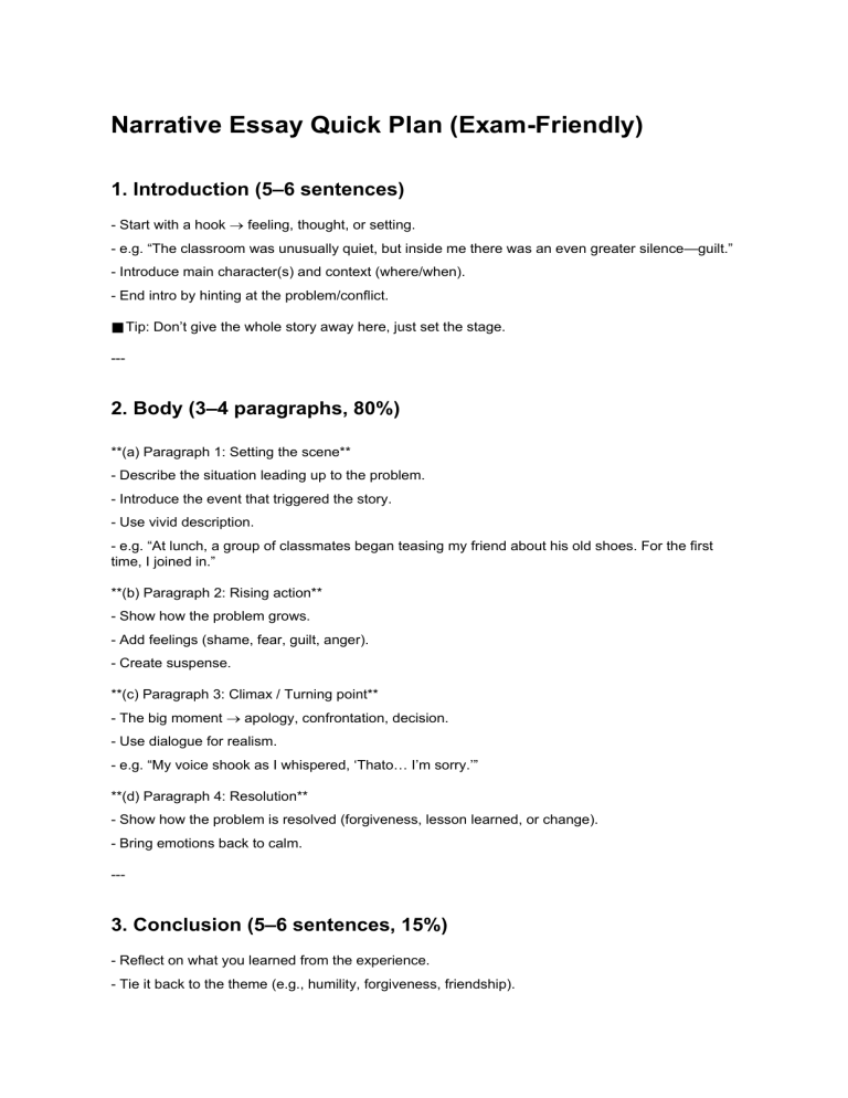Narrative Essay Quick Plan: Exam-Friendly Writing Guide & Checklist