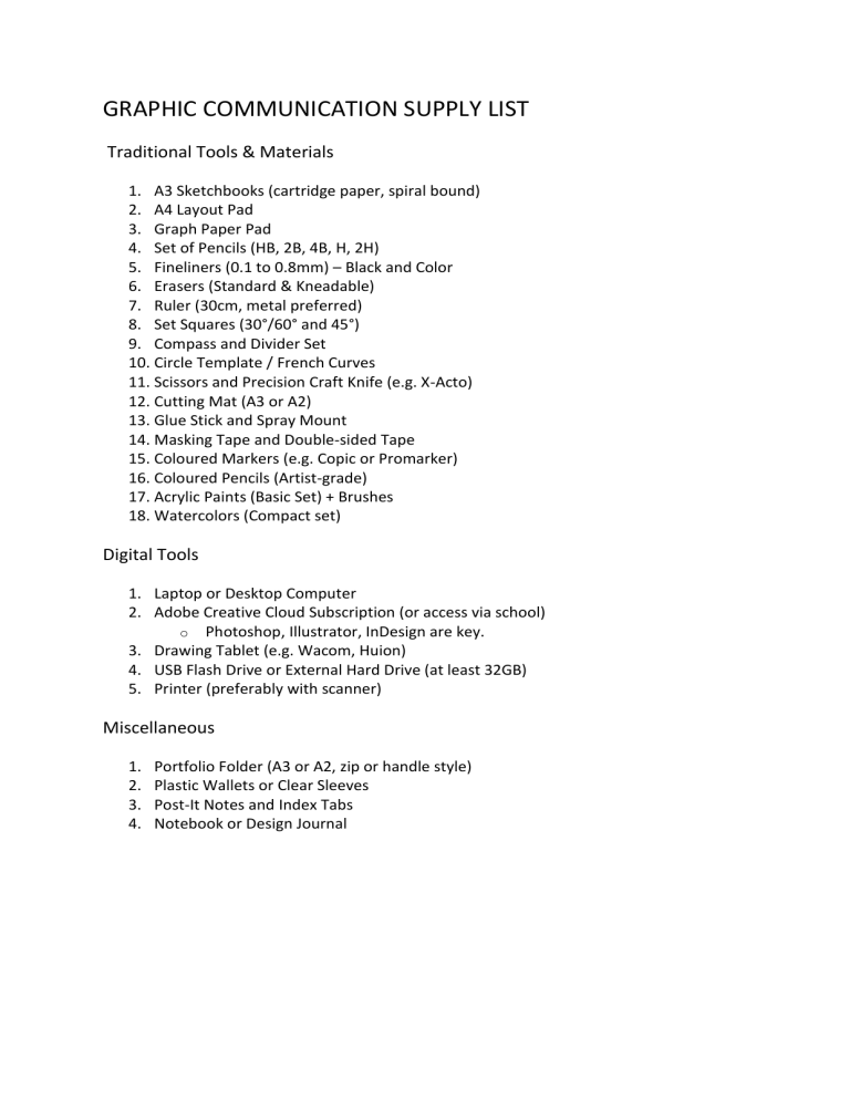 Graphic Communication & 3D Design Supply List: Tools & Materials