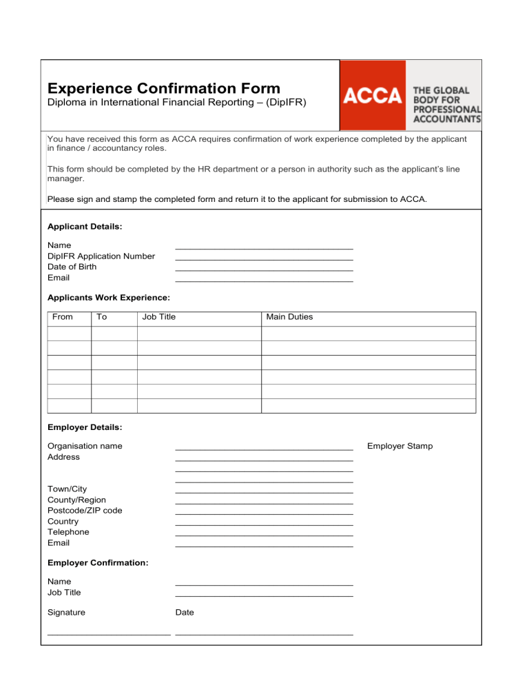 ACCA DipIFR Experience Confirmation Form | International Financial ...