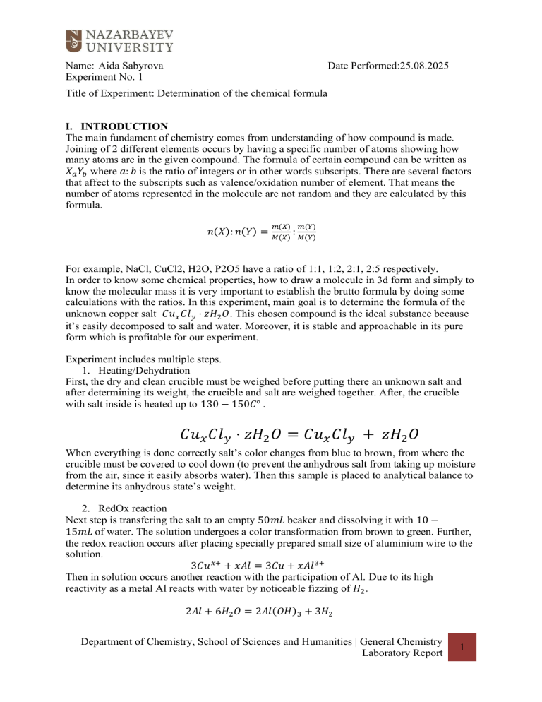 Determination of Chemical Formula: Copper Salt Lab Report