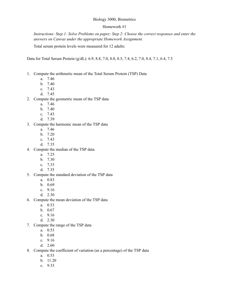 Biology 3000 Biometrics Homework 1: Statistical Data Analysis