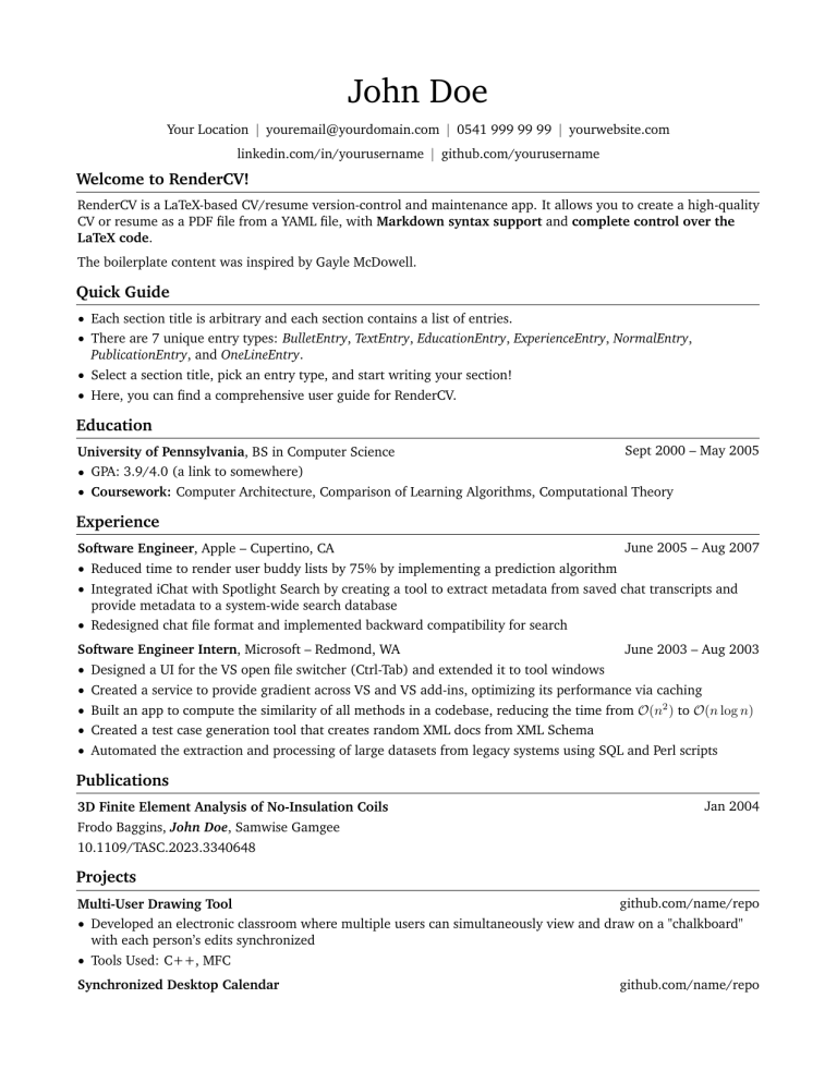John Doe CV/Resume Template | RenderCV Guide & Example