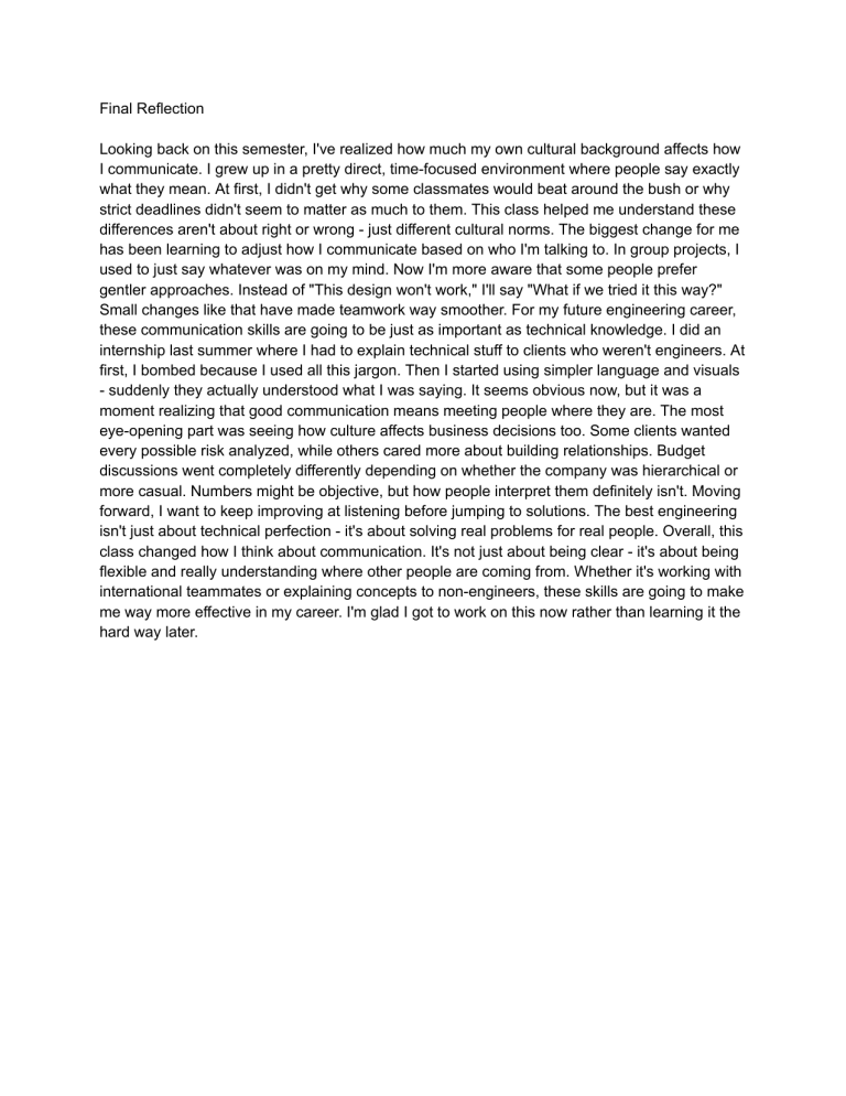 Final Reflection: Cultural Communication in Engineering Career