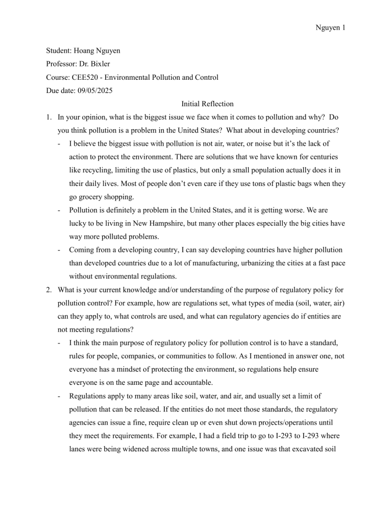 Environmental Pollution & Control: Initial Reflection on Policy & Action