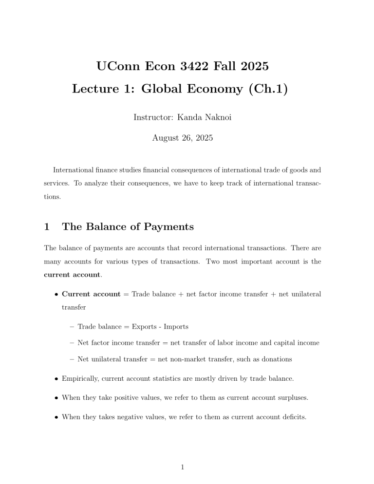 UConn Econ 3422: Global Economy, Balance of Payments & Imbalances