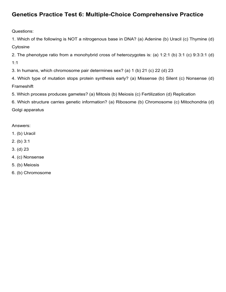 Genetics Practice Test 6: Multiple-Choice Comprehensive Questions