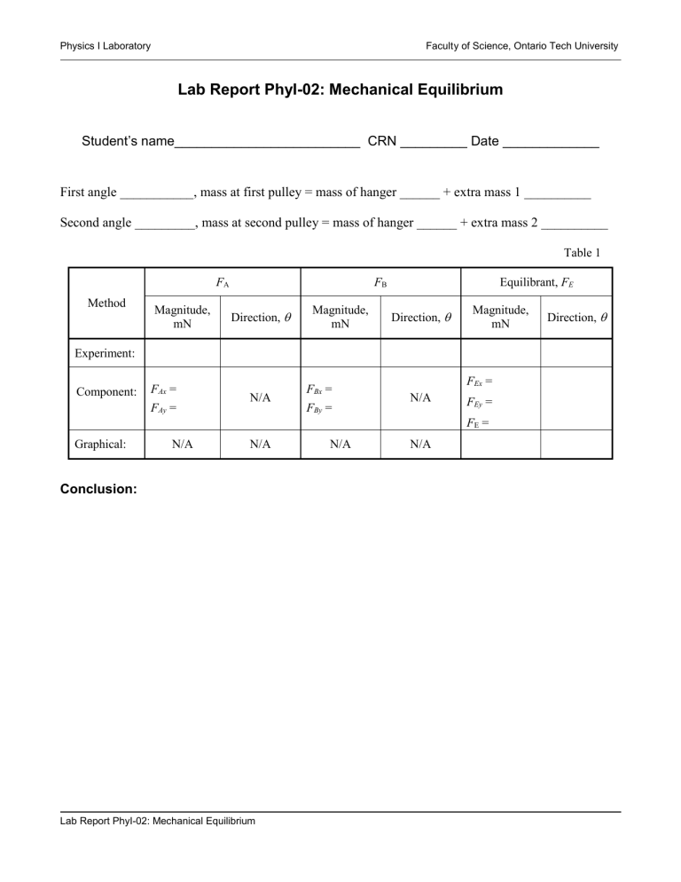Physics I Lab Report Template: Mechanical Equilibrium Experiment
