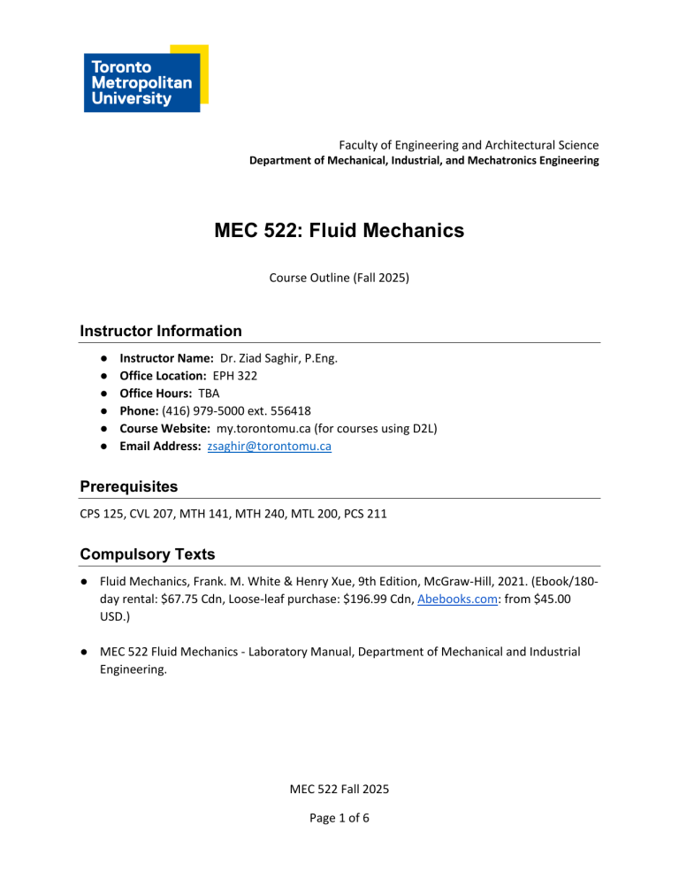MEC 522 Fluid Mechanics Course Outline - Toronto Metropolitan University