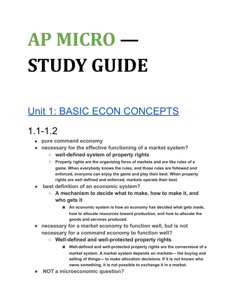 AP Microeconomics Study Guide: Basic Economic Concepts