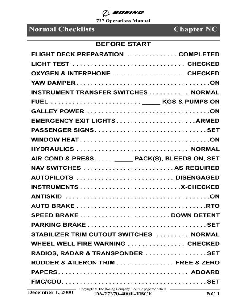 737 Operations Manual: Normal Checklists