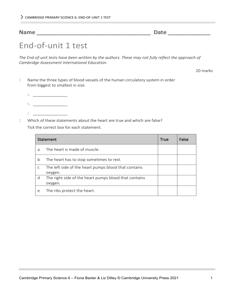 Cambridge Primary Science 6: End-of-Unit 1 Test