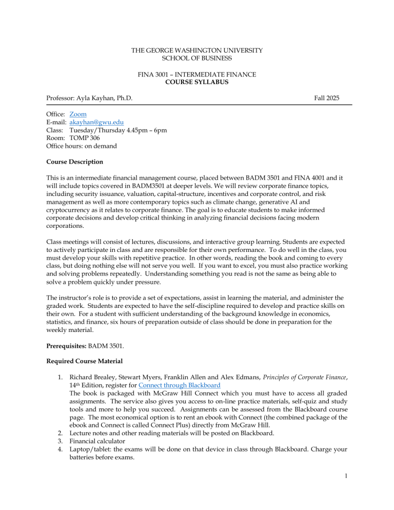 FINA 3001 Intermediate Finance Course Syllabus - GWU