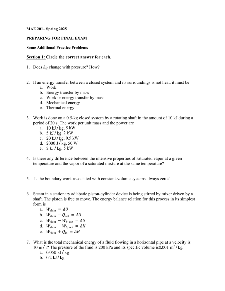 Thermodynamics Practice Problems for MAE 201 Exam