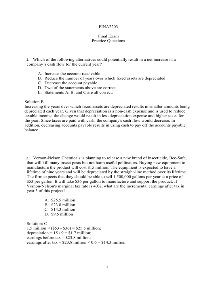 FINA2203 Finance Final Exam Practice Questions & Solutions