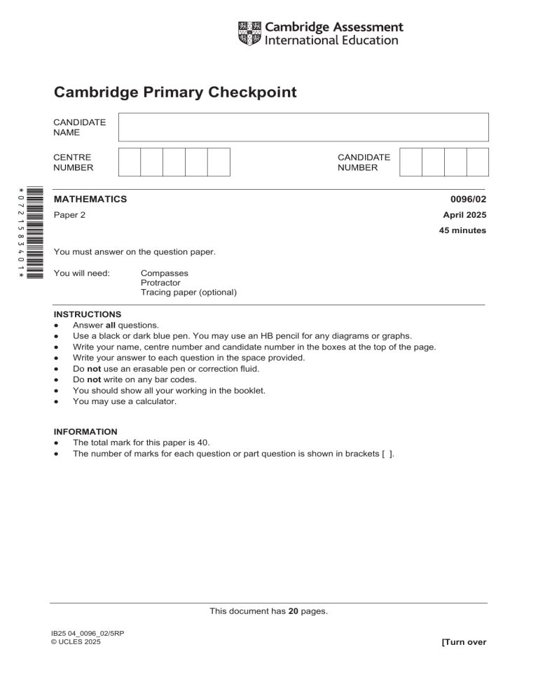 Cambridge Primary Checkpoint Math Paper 2 (April 2025)