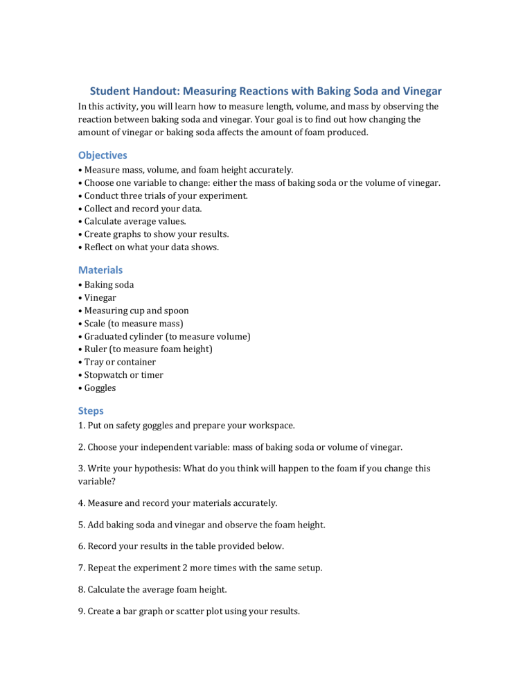 Baking Soda & Vinegar Experiment: Measuring Reactions Handout