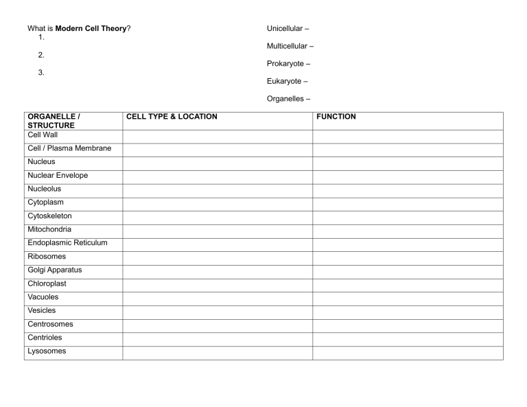 Modern Cell Theory & Organelles Worksheet | Cell Structure Disorders ...