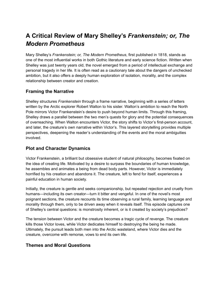 Frankenstein Critical Review: Themes, Structure, Legacy & Relevance
