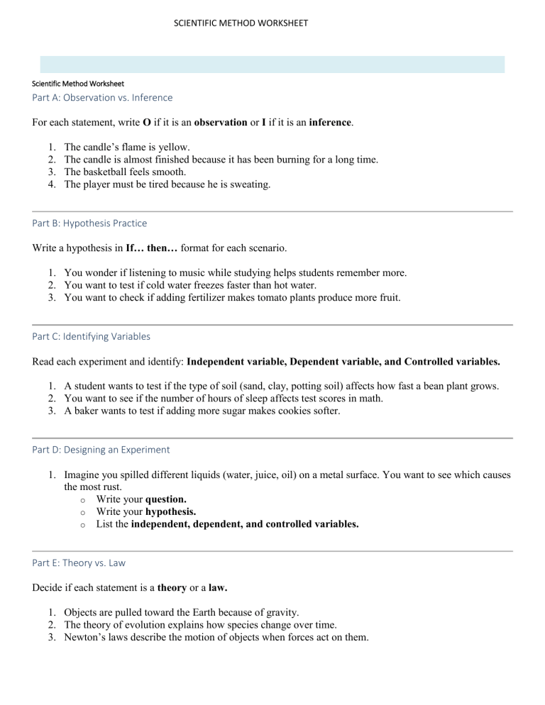 Scientific Method Worksheet: Observation, Hypothesis, Variables Practice