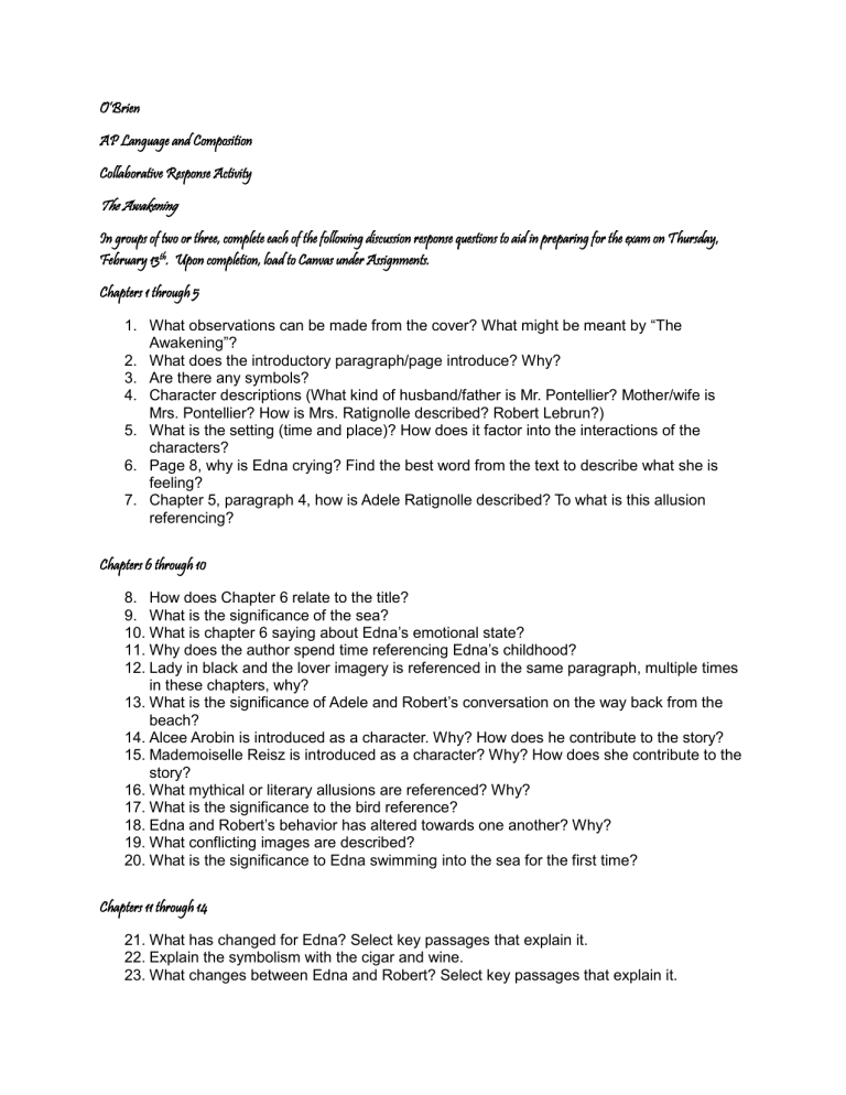 AP Language & Composition: The Awakening Discussion Questions