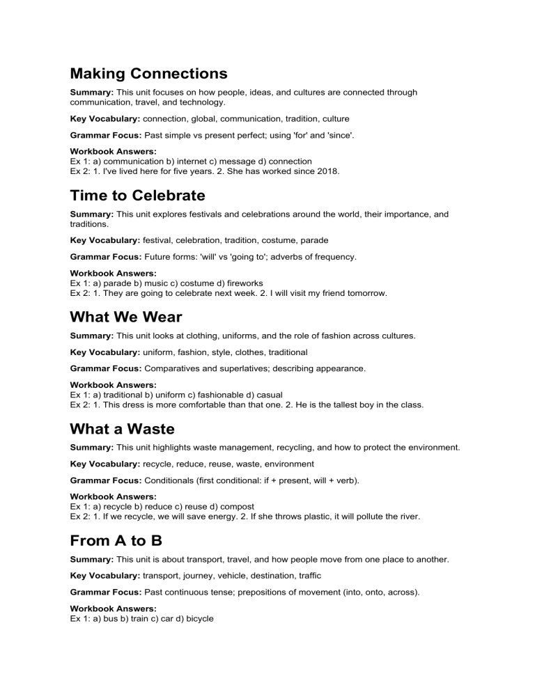 English Language Unit Outlines: Grammar, Vocabulary & Workbook Answers