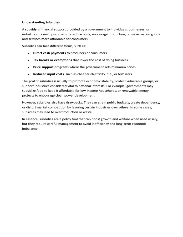 Understanding Subsidies: Forms, Goals, Drawbacks, and Economic Impact