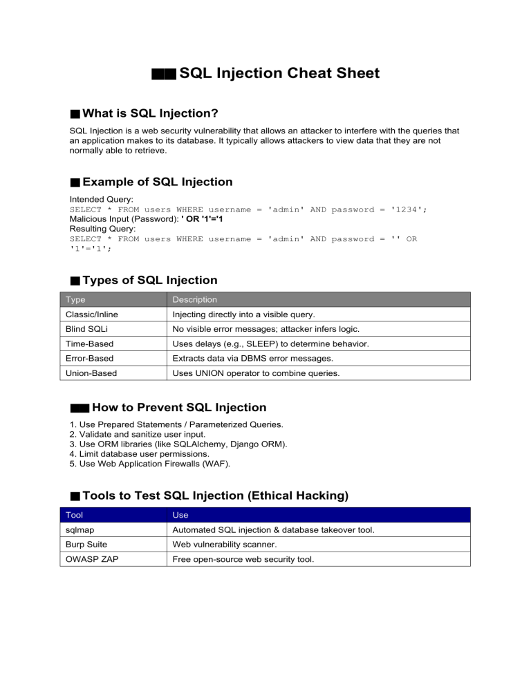 Sql Injection Cheat Sheet Types Prevention And Tools 4089
