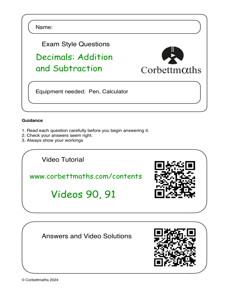 Decimals Addition and Subtraction Exam Style Questions - Corbettmaths