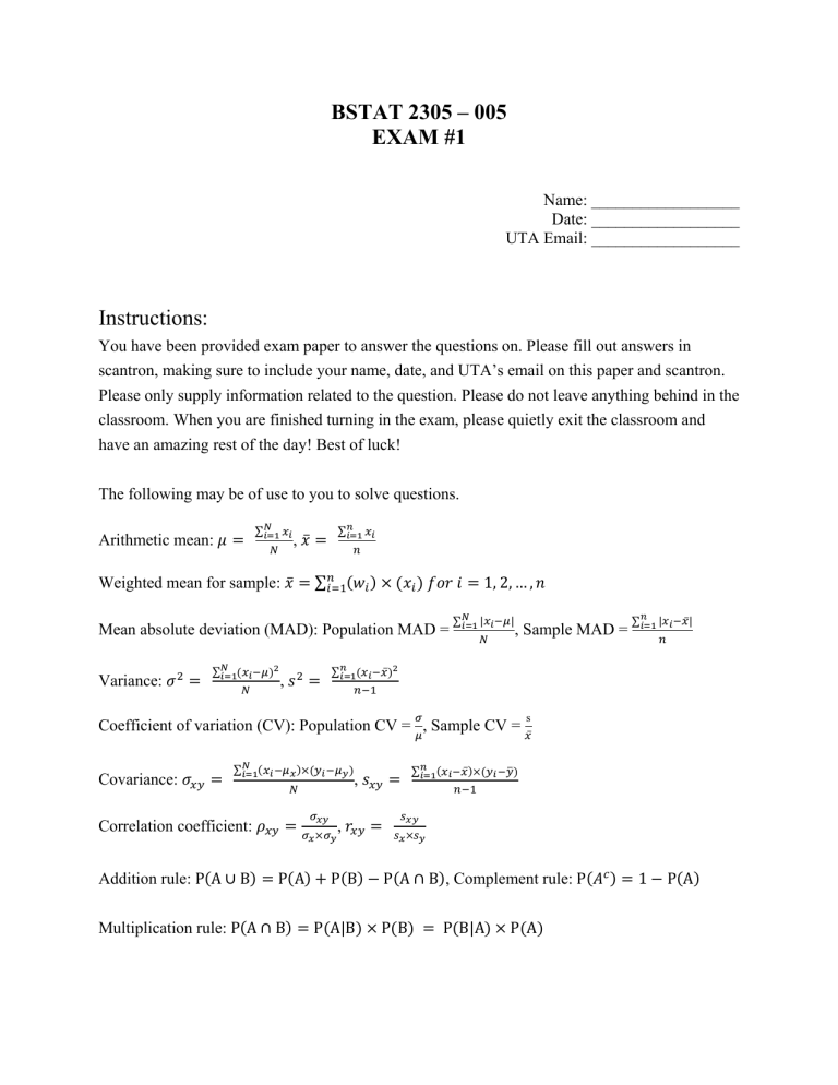 BSTAT 2305 Exam #1 Formulas & Instructions - Business Statistics