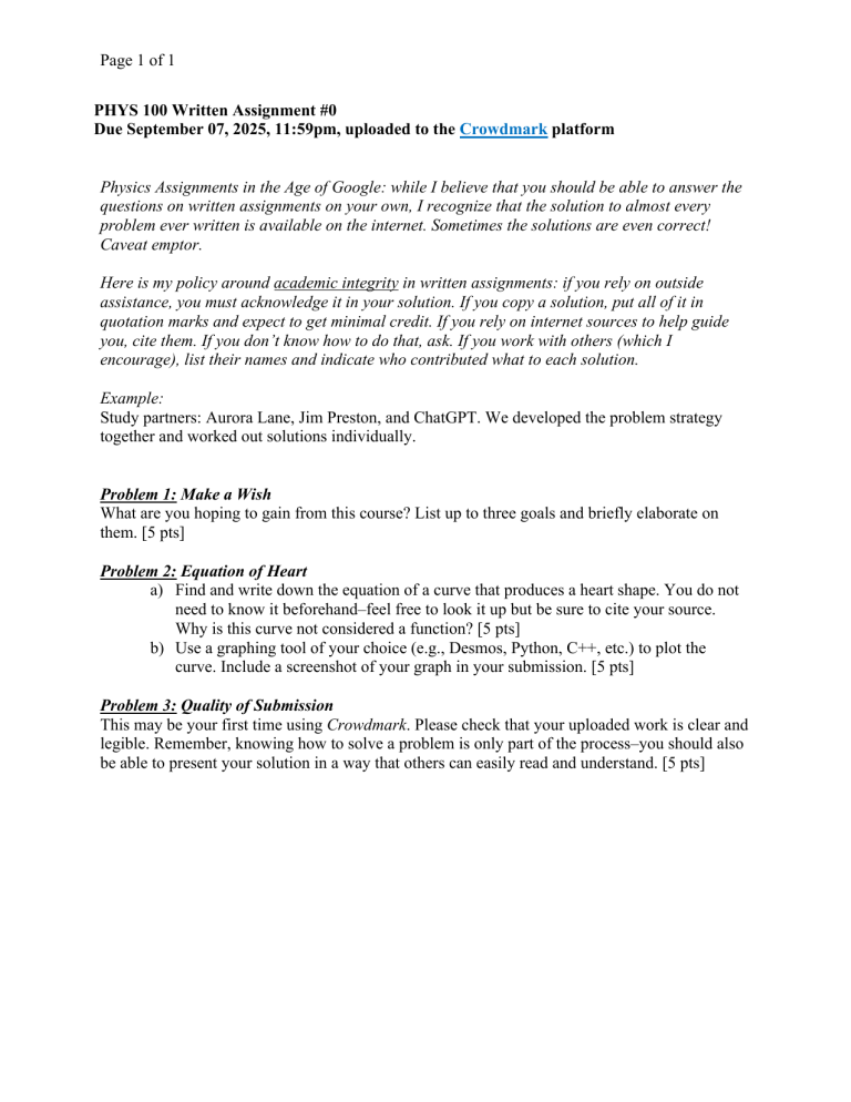 PHYS 100 Written Assignment #0: Course Goals, Heart Equation & Submission