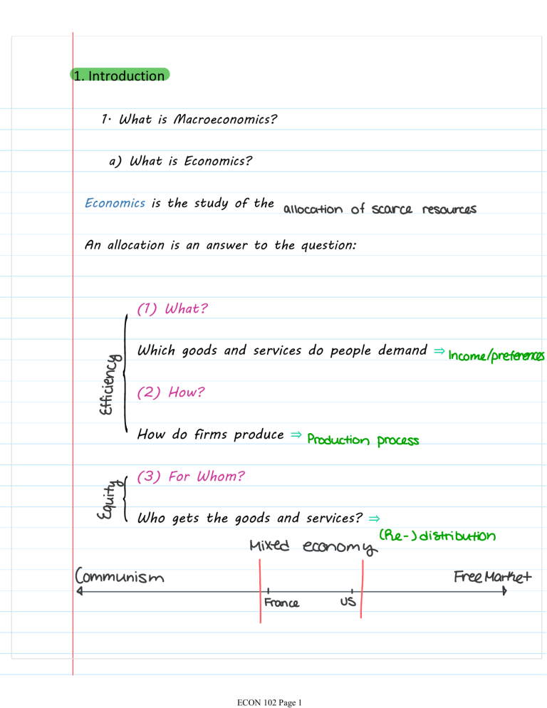 ECON 102 Macroeconomics Lecture Notes: Introduction, GDP, Growth