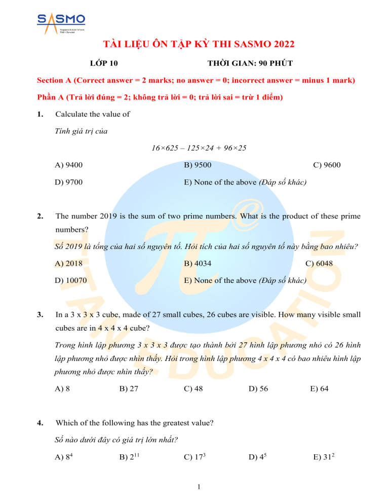 SASMO 2022 Math Olympiad Practice Test - Grade 10 Review Material