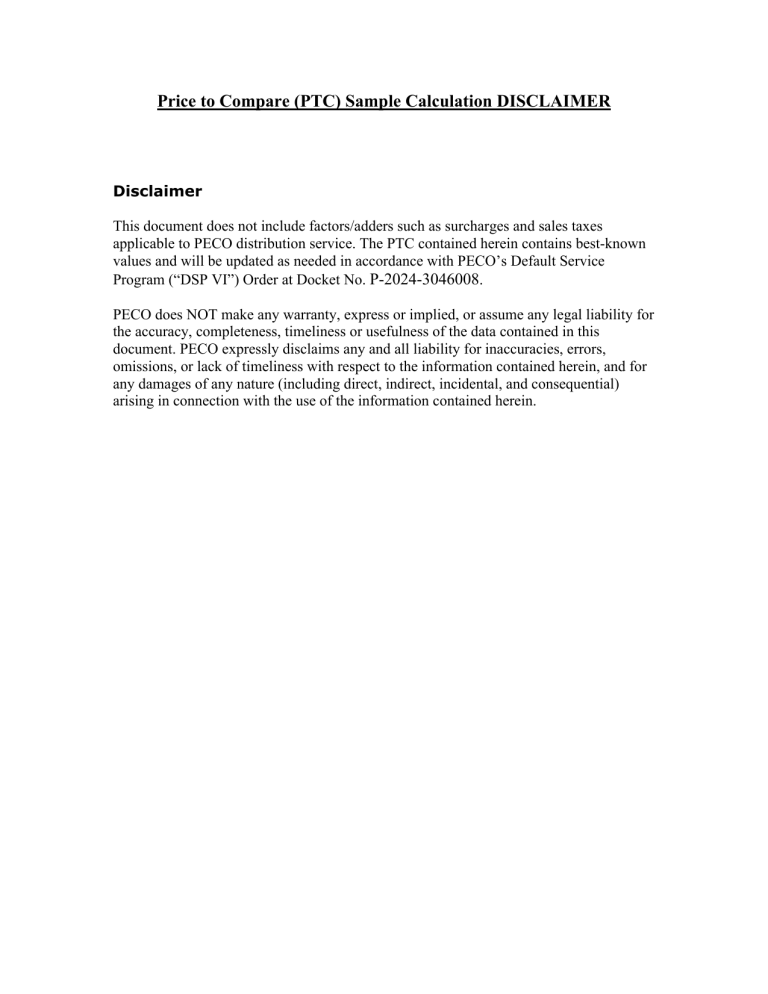 PECO Price to Compare (PTC) Calculation Methodology & Residential Sample