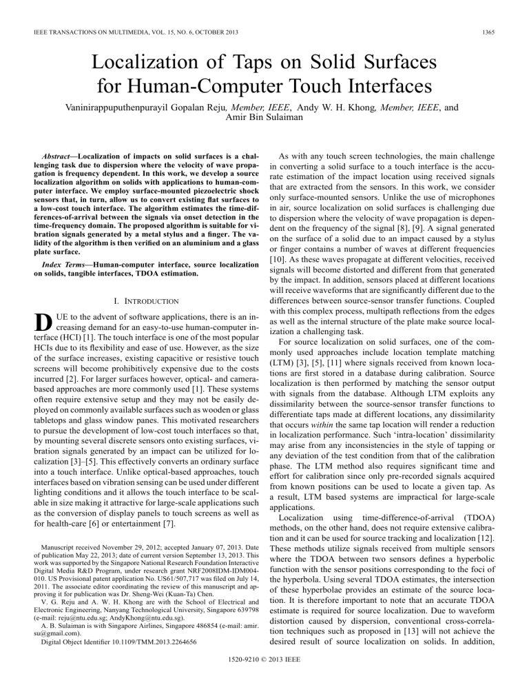 Localization of Taps on Solid Surfaces for Human-Computer Touch Interfaces