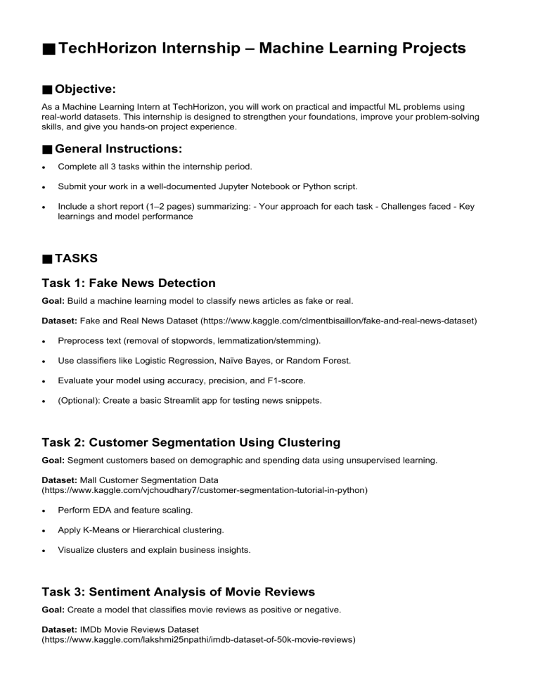TechHorizon Machine Learning Internship: Projects & Skills Development