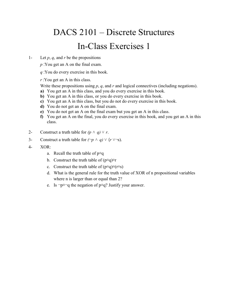 Discrete Structures Exercises: Logic & Truth Tables