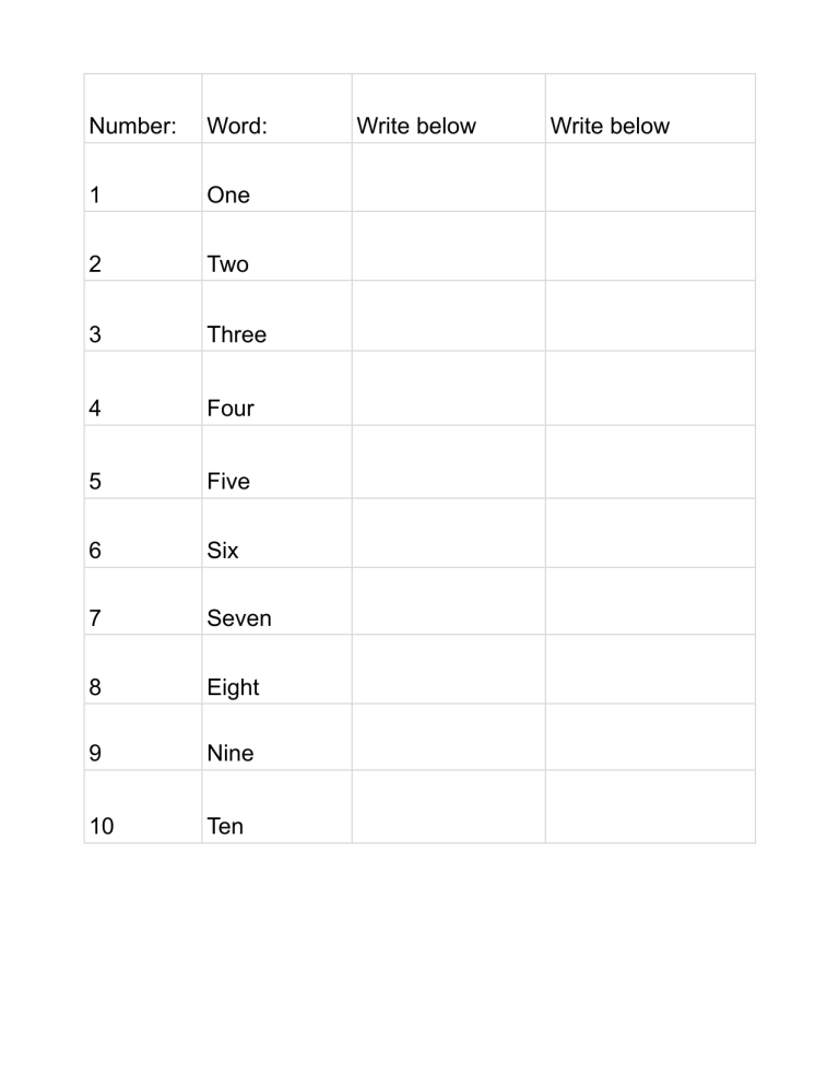 Numbers 1-10: Word List