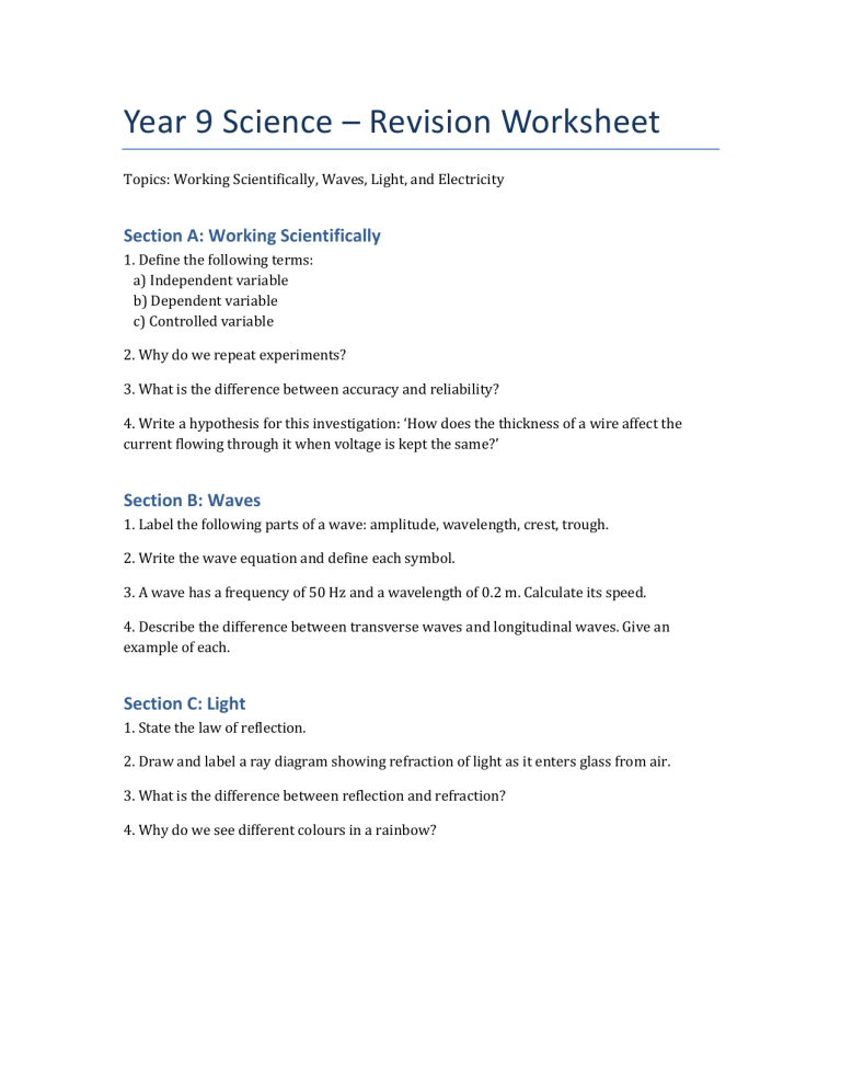Year 9 Science Revision Worksheet: Waves, Light, Electricity