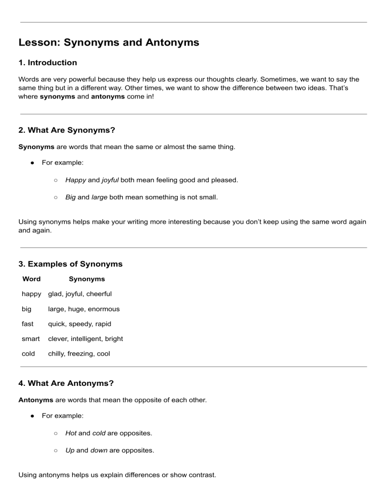 Synonyms and Antonyms Lesson: Vocabulary Building